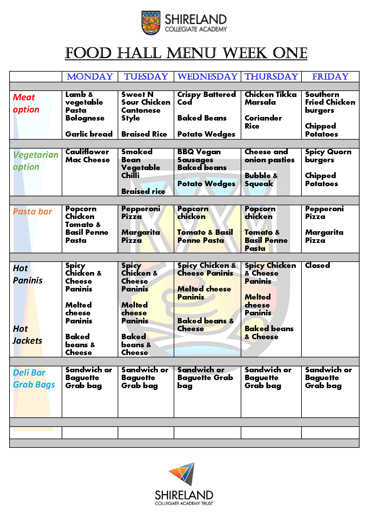 New Food Hall Menu 2020-21 - Shireland Collegiate Academy